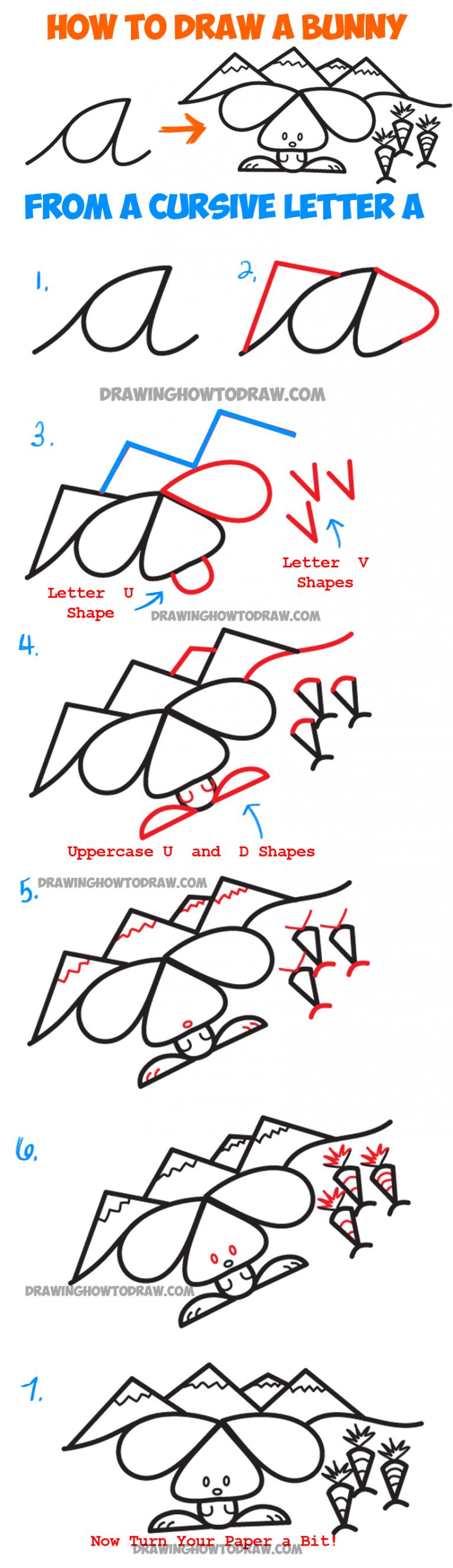 How to Draw a Cartoon Bunny Rabbit Scene from Lowercase Cursive Letter ...