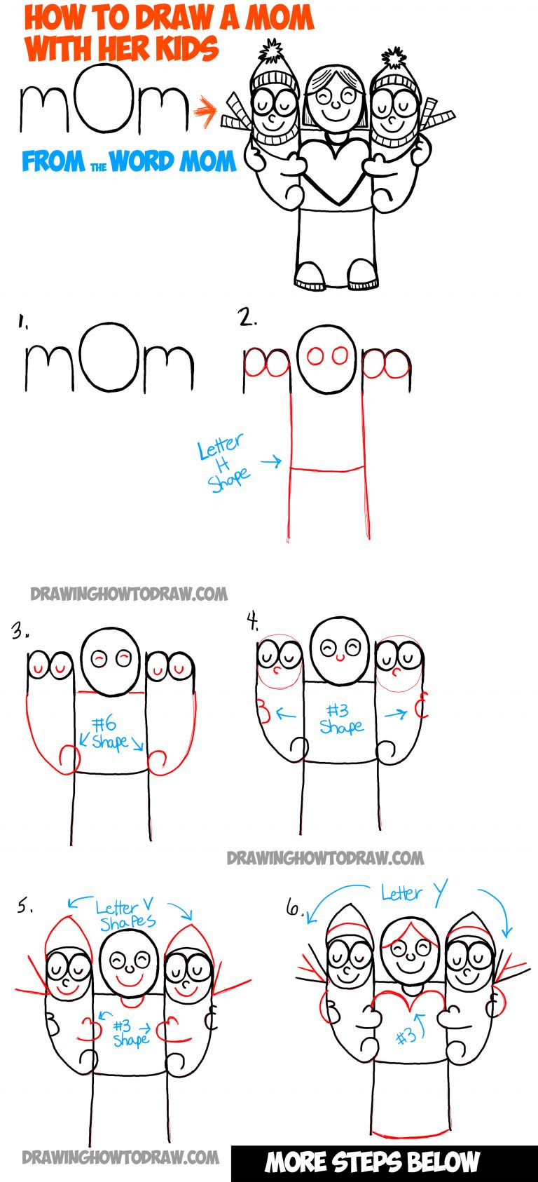 How to Draw Cartoon Mom and Kids from the Word Mom – Easy Drawing ...