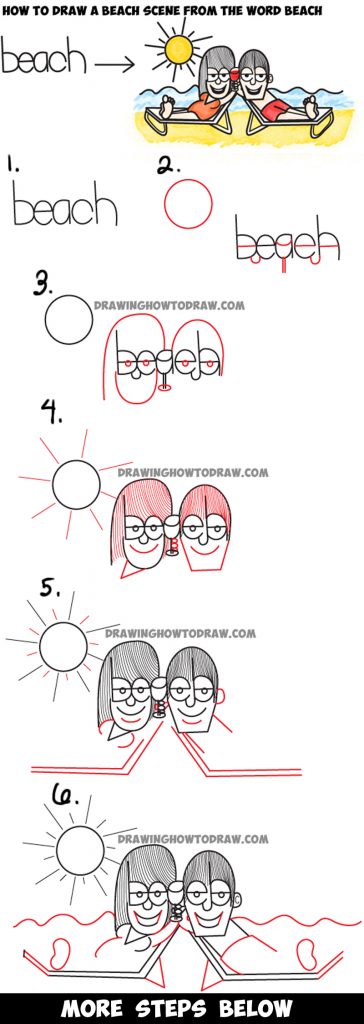 How to Draw Summer Beach Scene from the Word Beach Drawing Tutorial ...