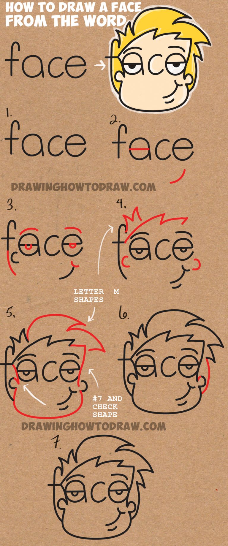 How to Draw Cartoon Faces from the Word Face Easy Step by Step Drawing ...