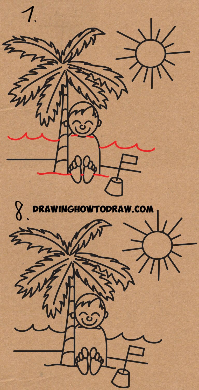 How to Draw a Cartoon Summer Beach Scene from the Word Hot – Easy ...