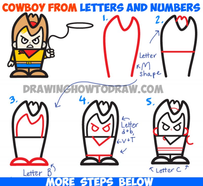 How to Draw Cartoon Cowboy from Letters and Numbers – Easy Tutorial for ...