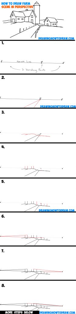 How to Draw Farm Scene / Fall / Spring Scene in Three Point Perspective ...