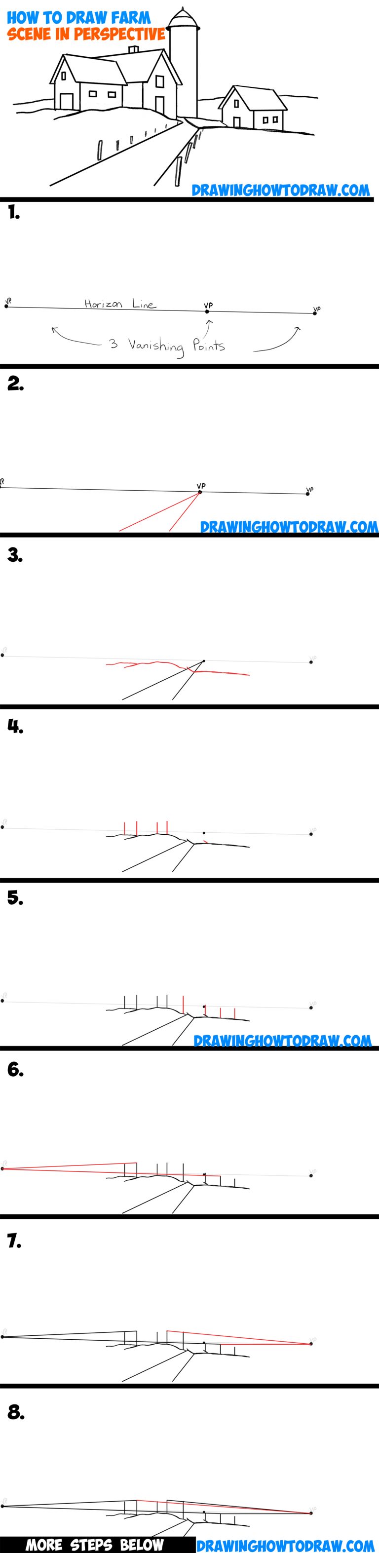 How to Draw Farm Scene / Fall / Spring Scene in Three Point Perspective ...
