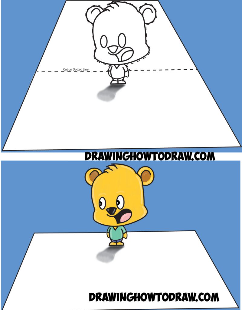How to Draw 3D Cartoon Bear Standing on Top of Piece of Paper Optical ...