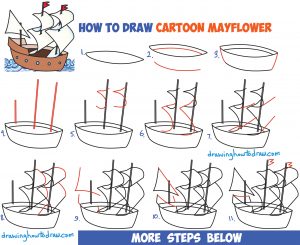 How to Draw Cartoon Mayflower Ship for Thanksgiving Easy Step by Step ...
