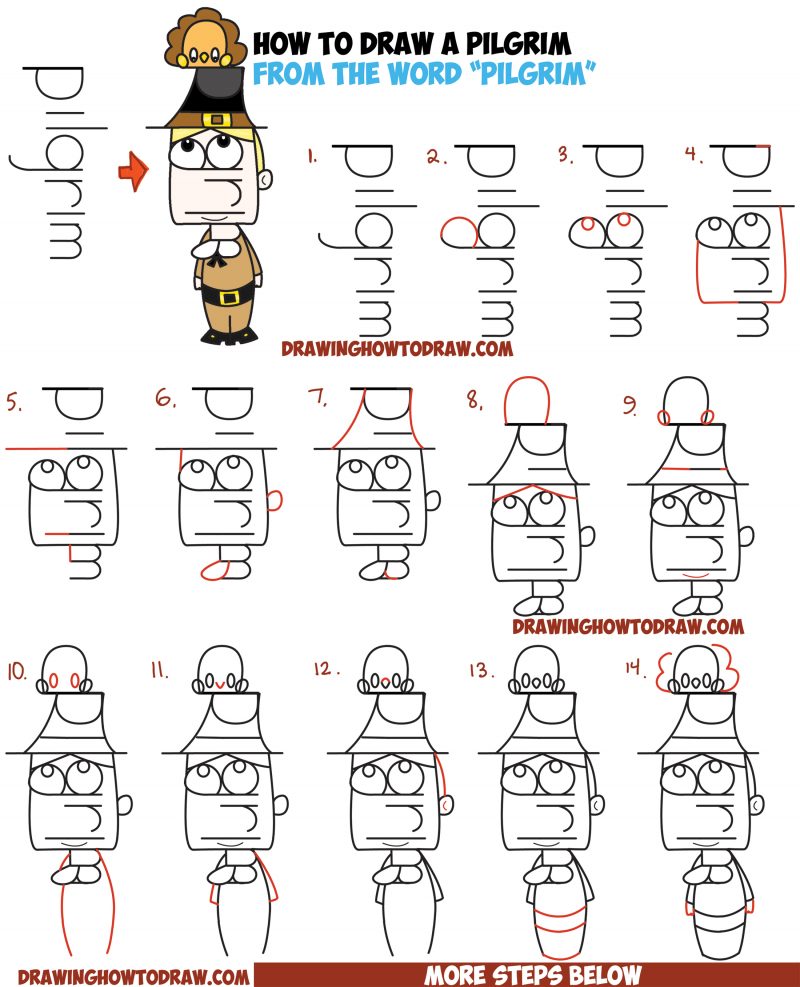 How to Draw a Cartoon Pilgrim from the Word (Word Toon) Easy Step by ...