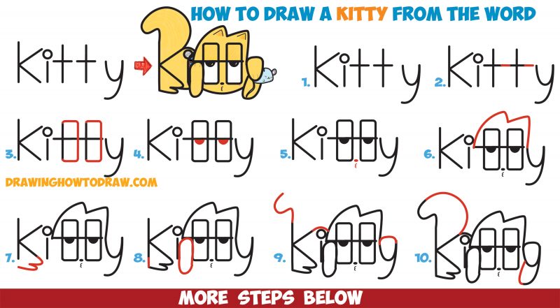 How to Draw a Cartoon Kitty Cat and Mouse from the Word “Kitty” Easy ...