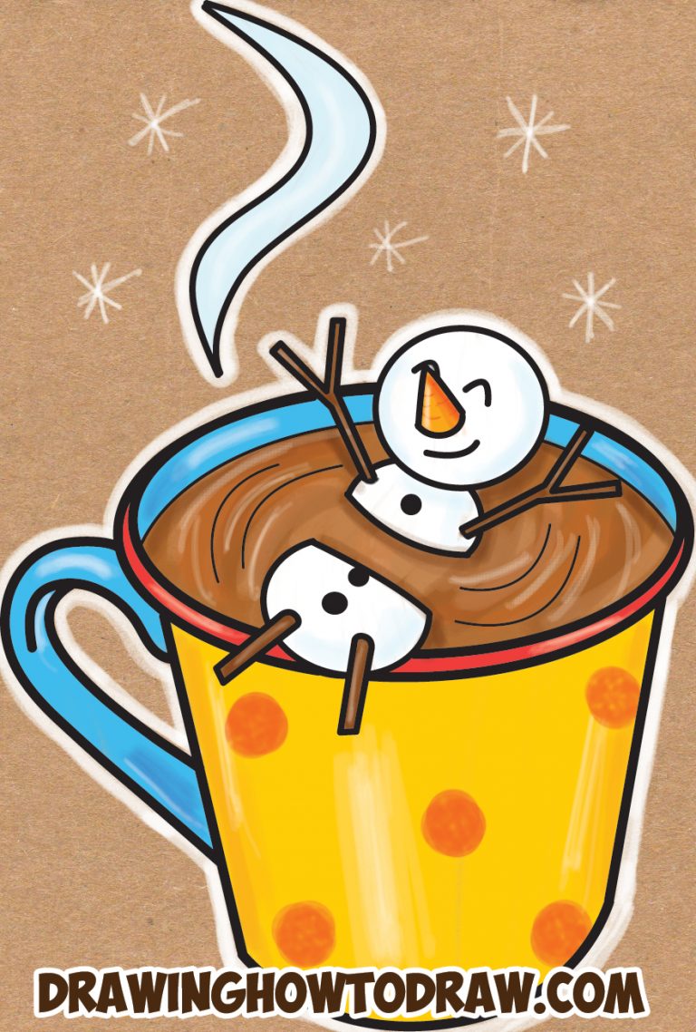 How to Draw a Snowman Bathing in a Hot Cup of Cocoa Easy Step by Step ...