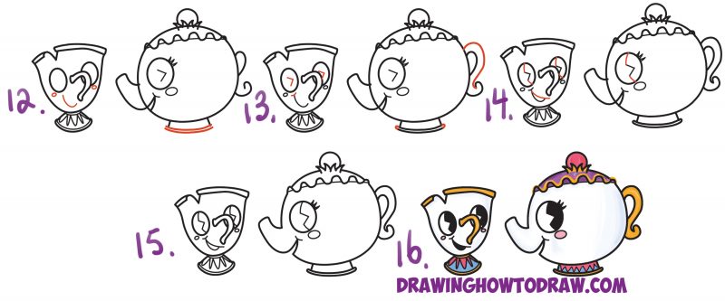 How to Draw Cute Kawaii / Chibi Mrs. Potts and Chip from Beauty and the ...