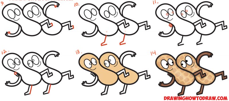 How to Draw Cartoon Dancing Peanuts from Letter S Shapes Easy Step by ...