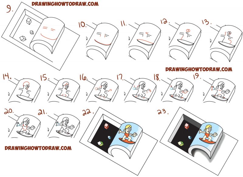 How to Draw Paper Being Curled Up Like a Wave with Cartoon Girl Surfing ...