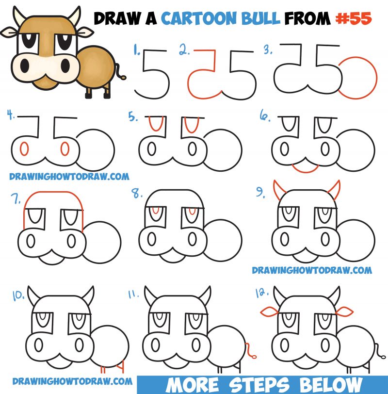 How to Draw a Cartoon Bull / Cow from Numbers & Letters Easy Step by ...