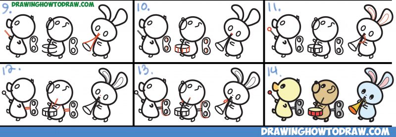 How to Draw Cute Kawaii Animals Marching in a Musical Band Easy Step by ...