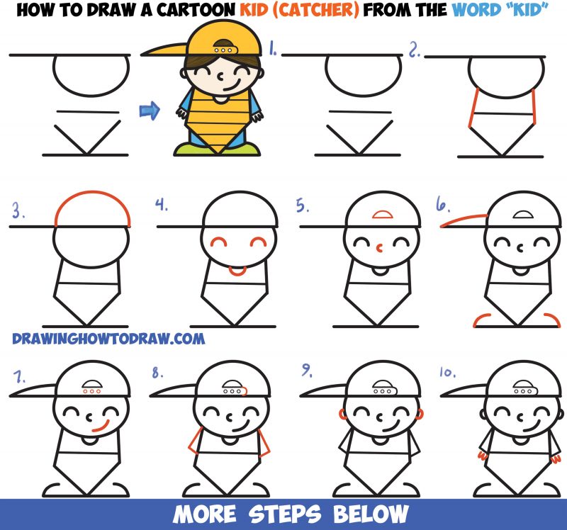 Learn How to Draw a Cute Cartoon Kid Baseball Catcher Word Cartoon Easy ...
