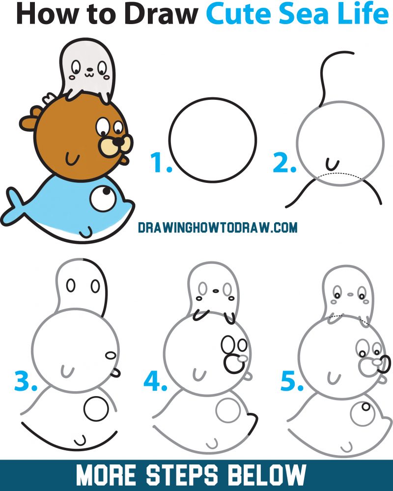 How to Draw Cute Kawaii / Chibi Dolphin, Walrus, and Seal Easy Step by ...