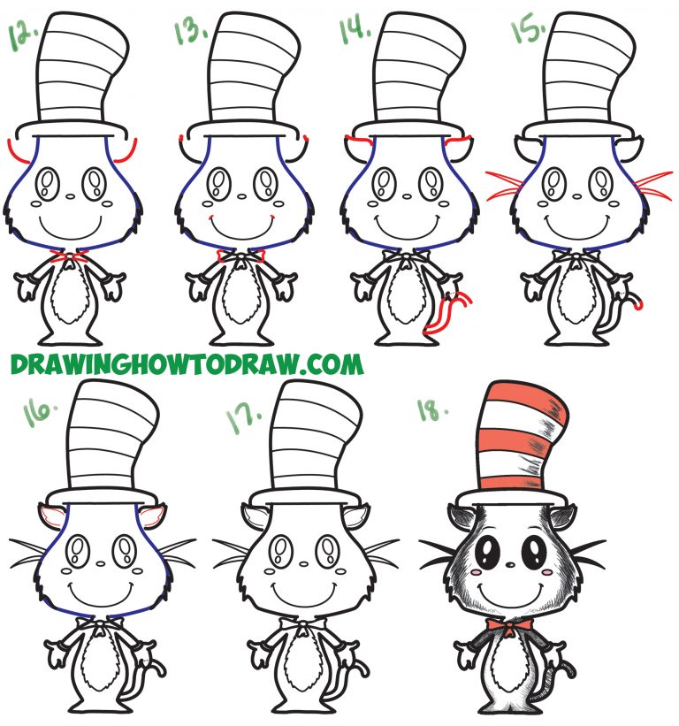 How to Draw The Cat in the Hat : Cute Kawaii / Chibi Version Easy Step ...