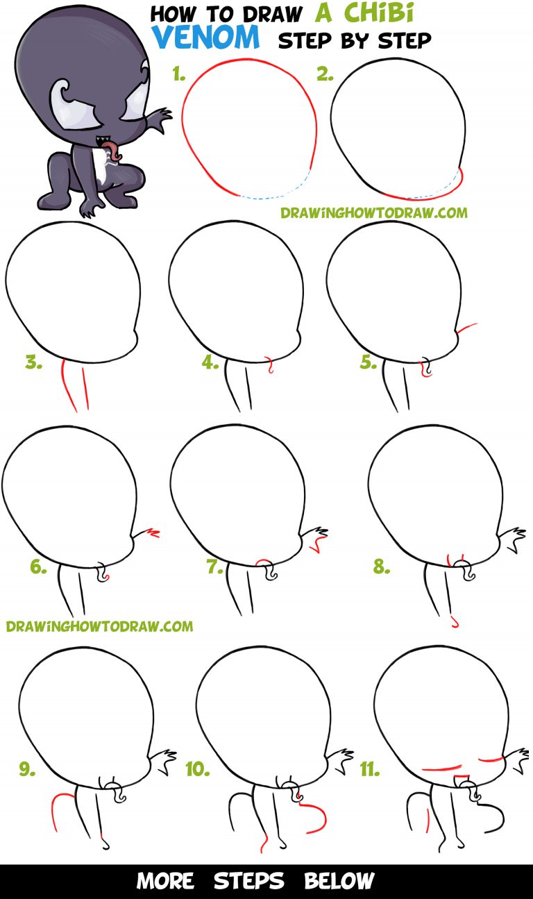 How to Draw Chibi / Cute Venom from Marvel + Spiderman – Easy Step by ...