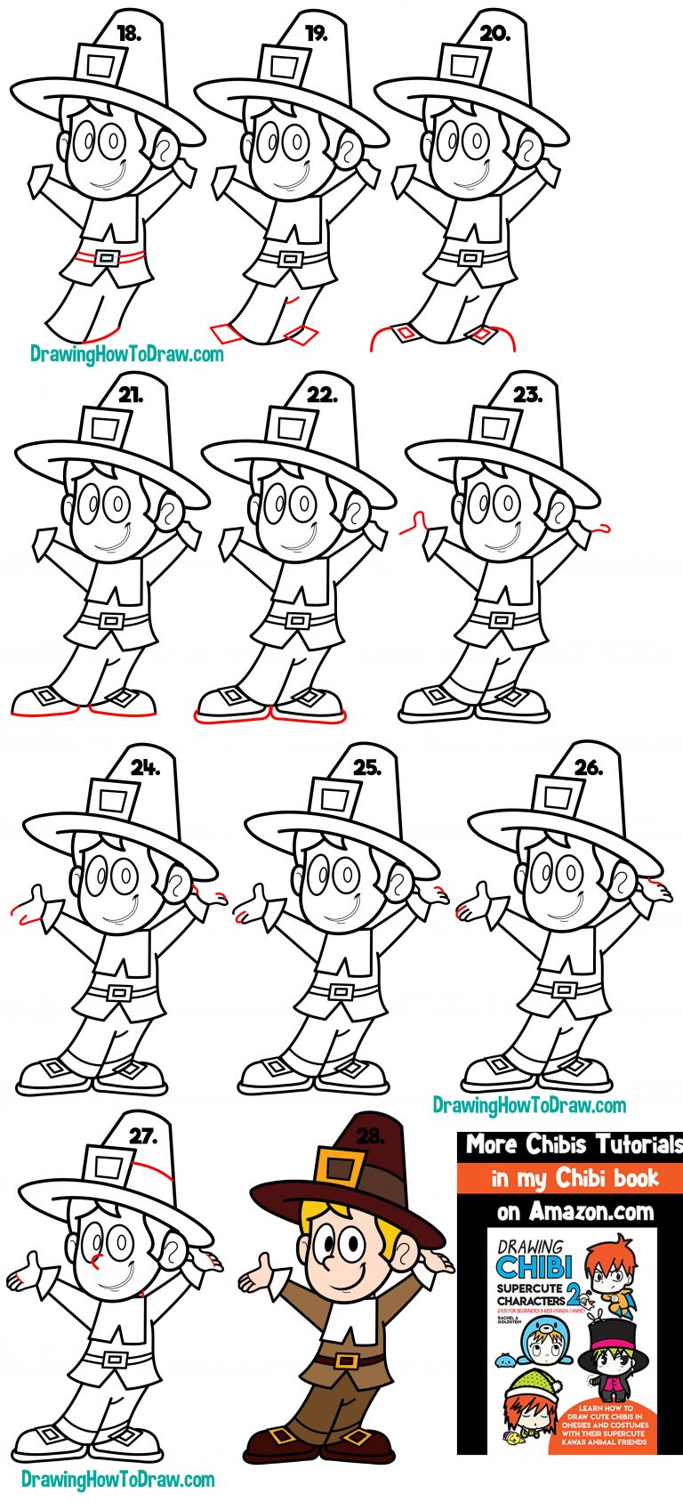 How to Draw a Cartoon Pilgrim for Thanksgiving Easy Step by Step ...