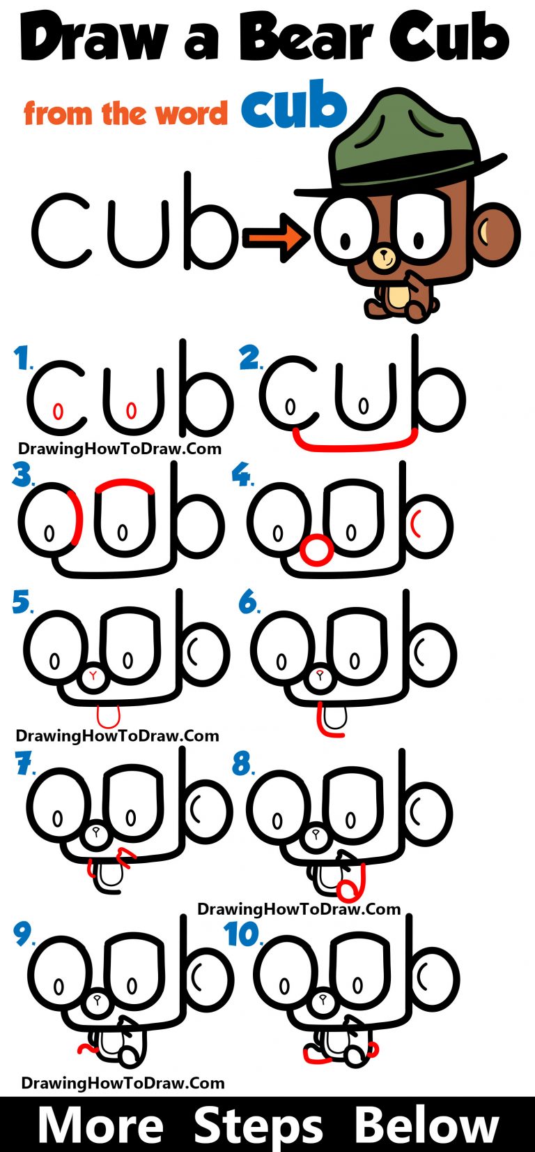 How to Draw a Cartoon Baby Bear Cub from the Word “Cub” Word Toon Easy ...