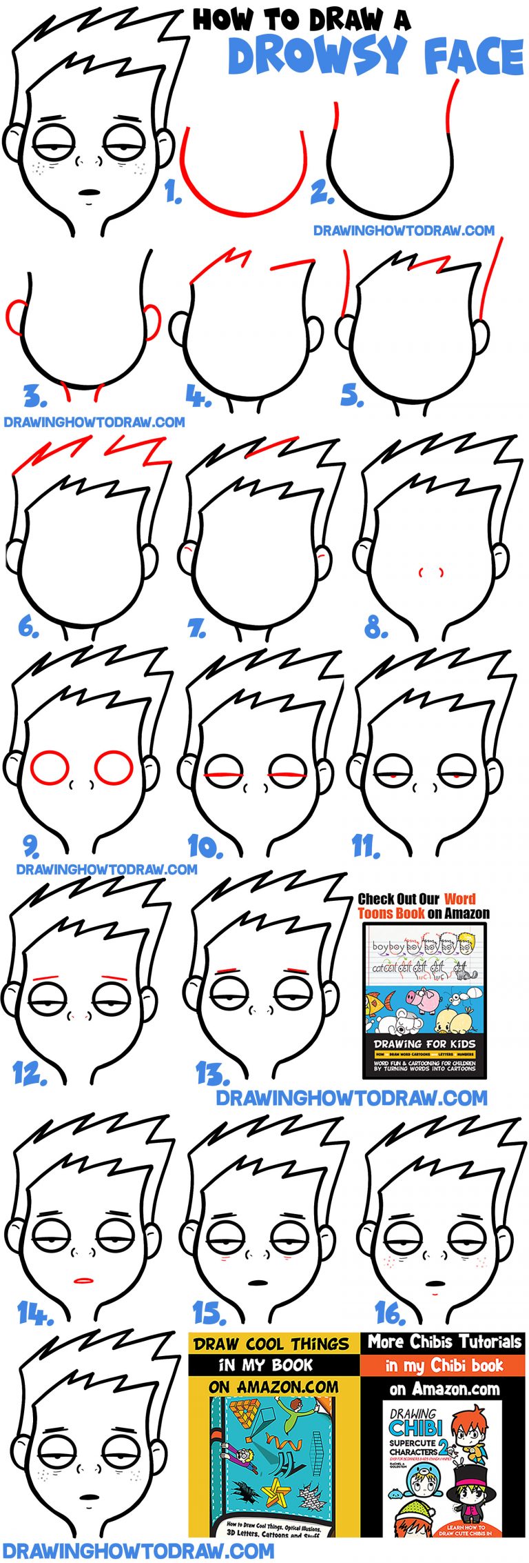 How to Draw Cartoon Facial Expressions : Drowsy, Tired, Feeling Sick ...