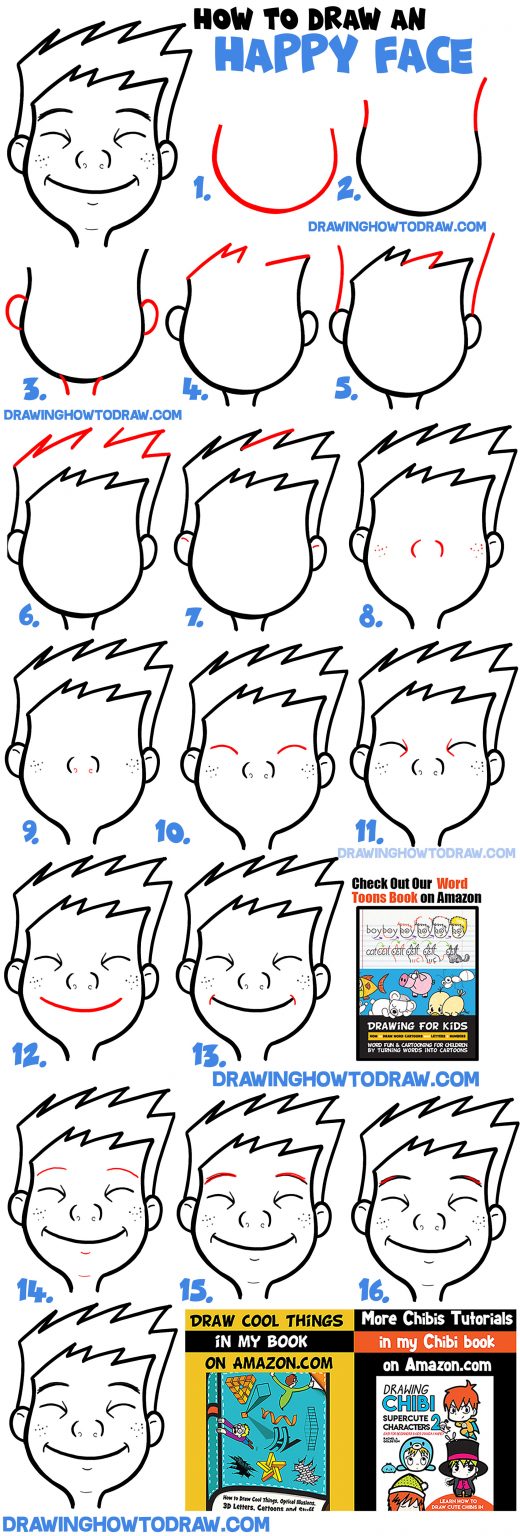 How to Draw Cartoon Facial Expressions : Happy, Smiling, Grinning Ear ...