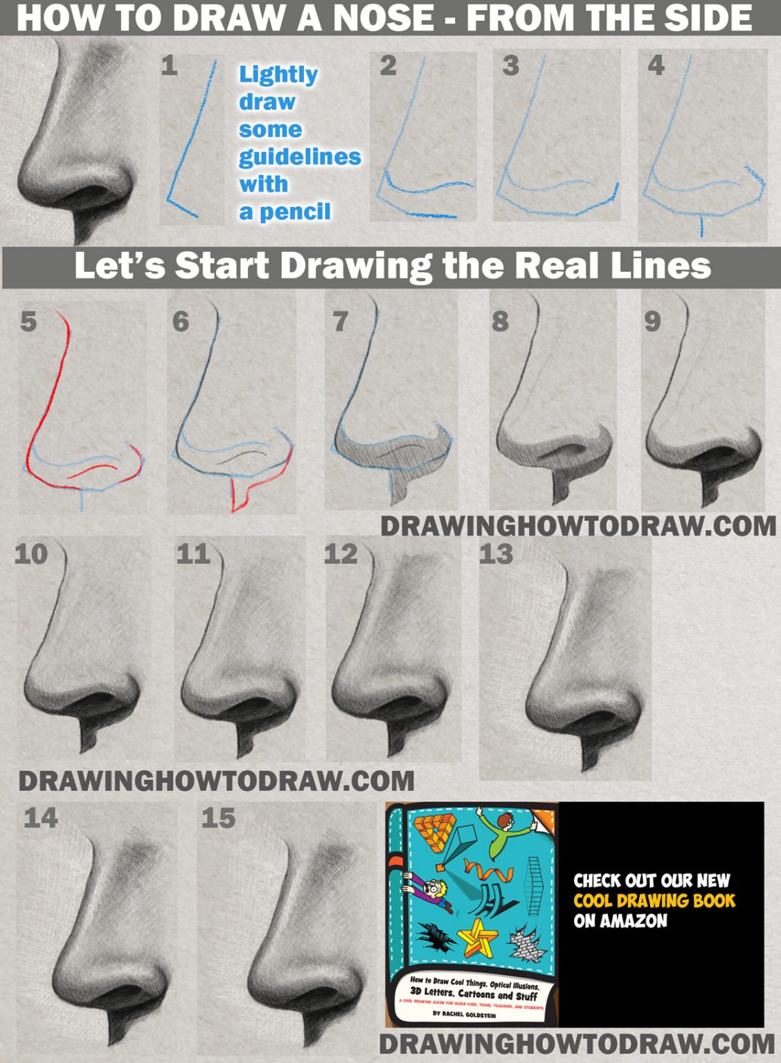 How to Draw and Shade a Realistic Nose (Side View) in Pencil or ...