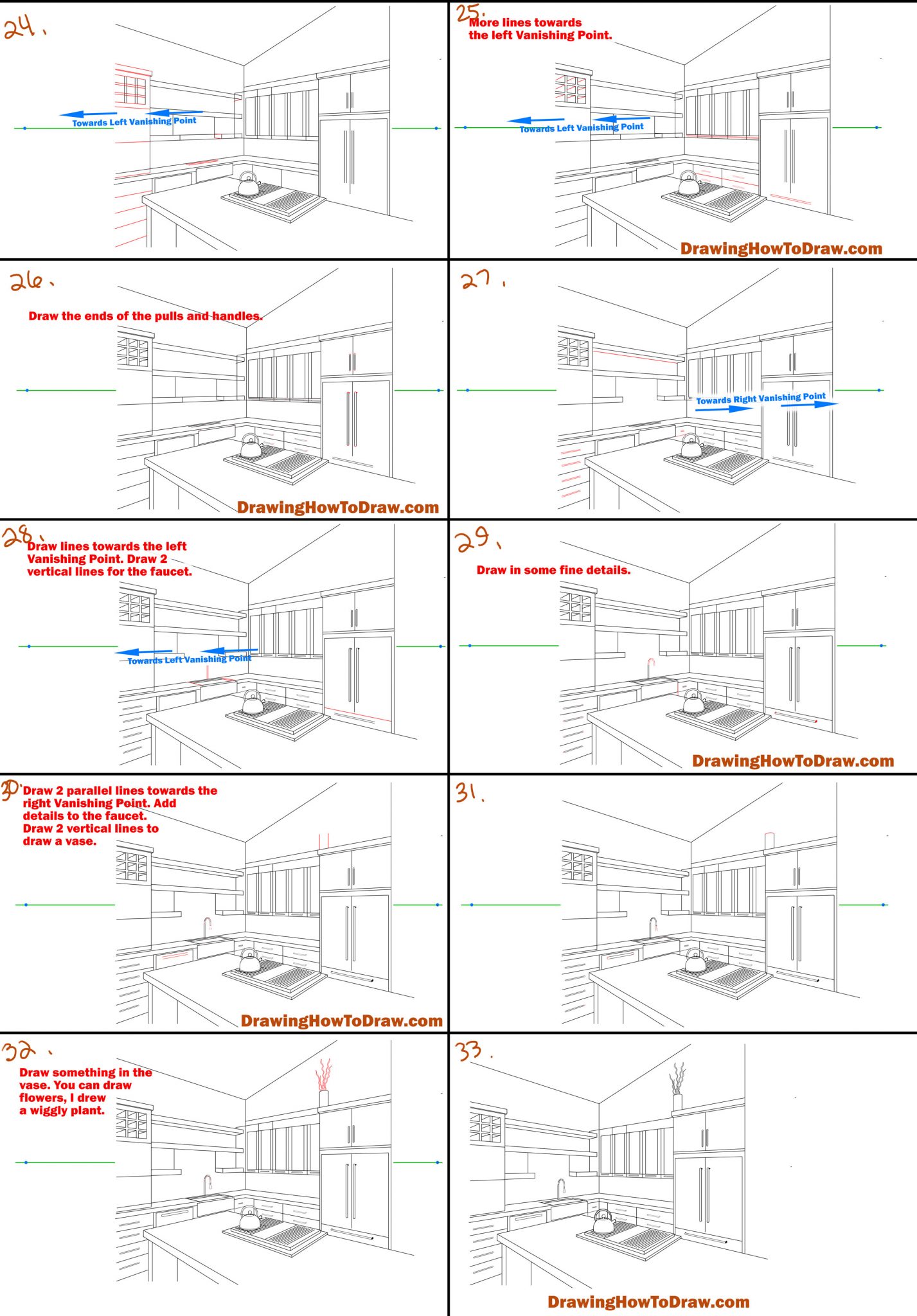 How To Draw a Kitchen / Room in Two Point Perspective Step by Step ...