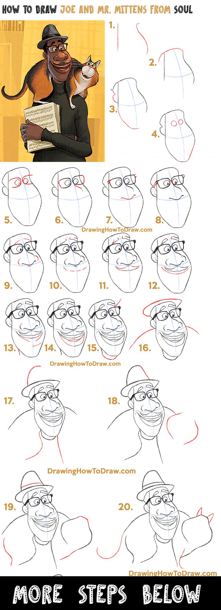 How to Draw Joe Gardner and Mr. Mittens the Cat from Pixar’s Soul Easy ...