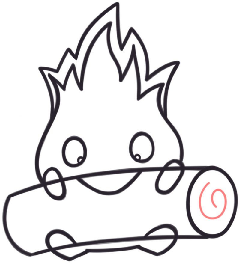 How to Draw Calcifer Eating a Log (Cute Kawaii) from Howl’s Moving ...