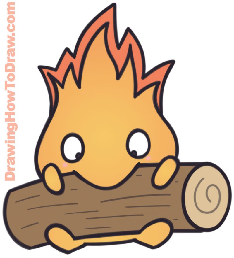 How to Draw Calcifer Eating a Log (Cute Kawaii) from Howl’s Moving ...