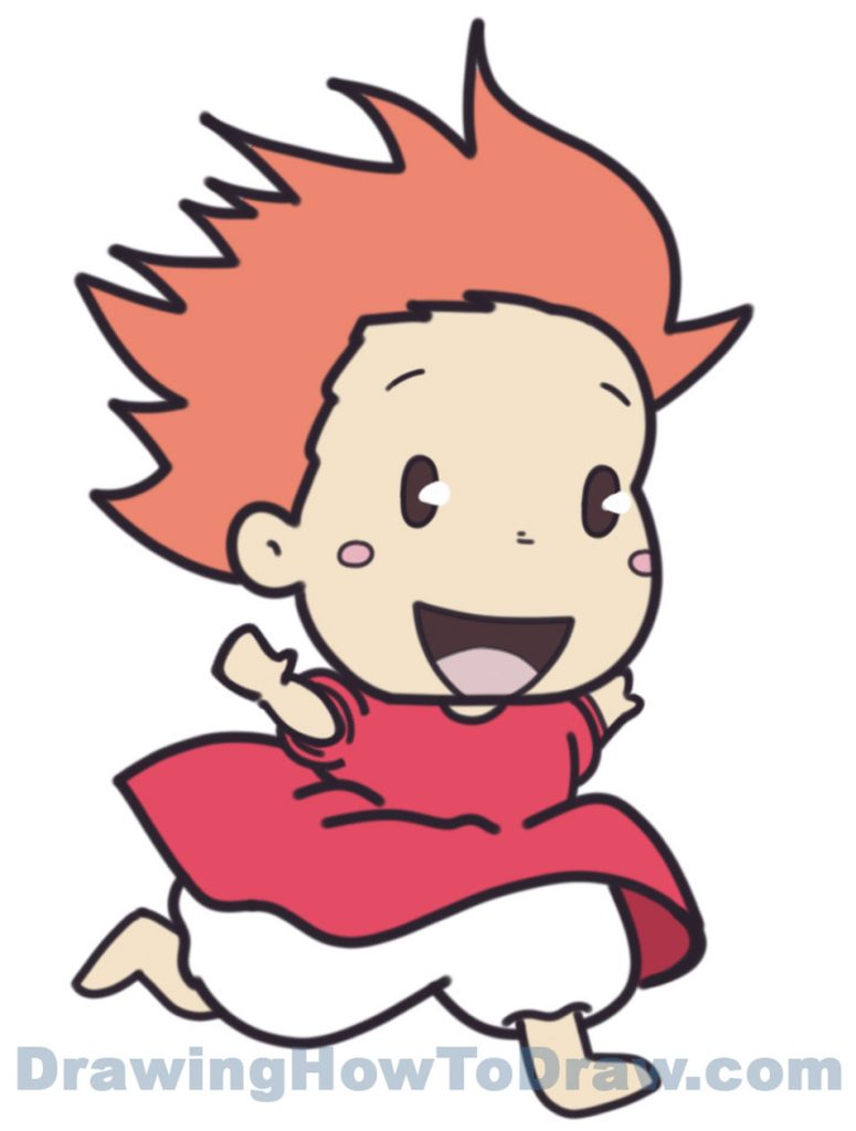 How to Draw Cute (Kawaii / Chibi) Ponyo Running in Human Form Easy Step ...