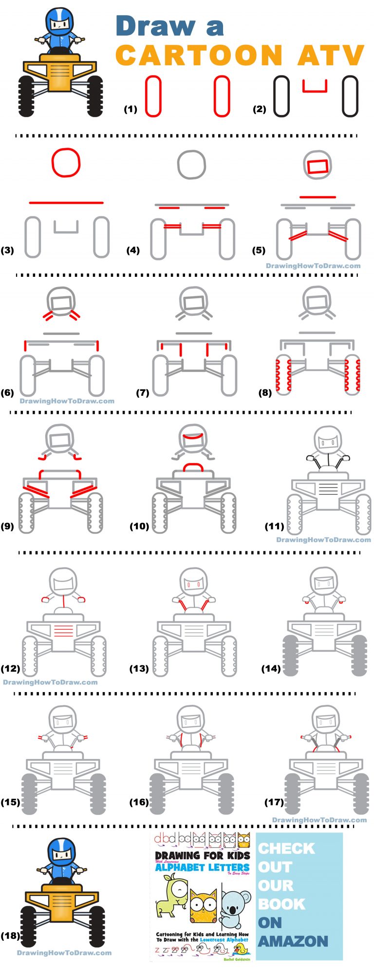 How to Draw a Cartoon ATV (All-terrain Vehicle) with Rider Step by Step ...