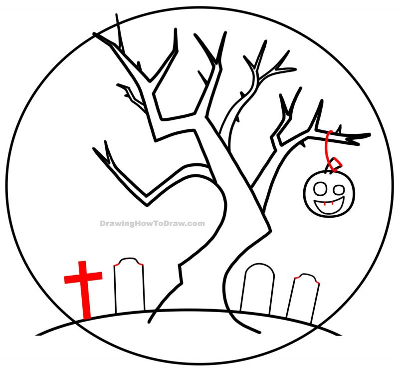 How to Draw a Halloween Graveyard Scene with a Silhouette of a Tree ...