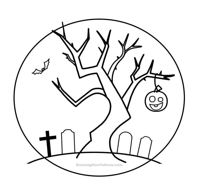How to Draw a Halloween Graveyard Scene with a Silhouette of a Tree ...