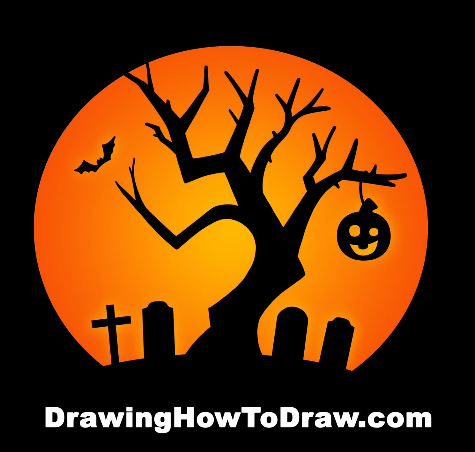 How to Draw a Halloween Graveyard Scene with a Silhouette of a Tree ...