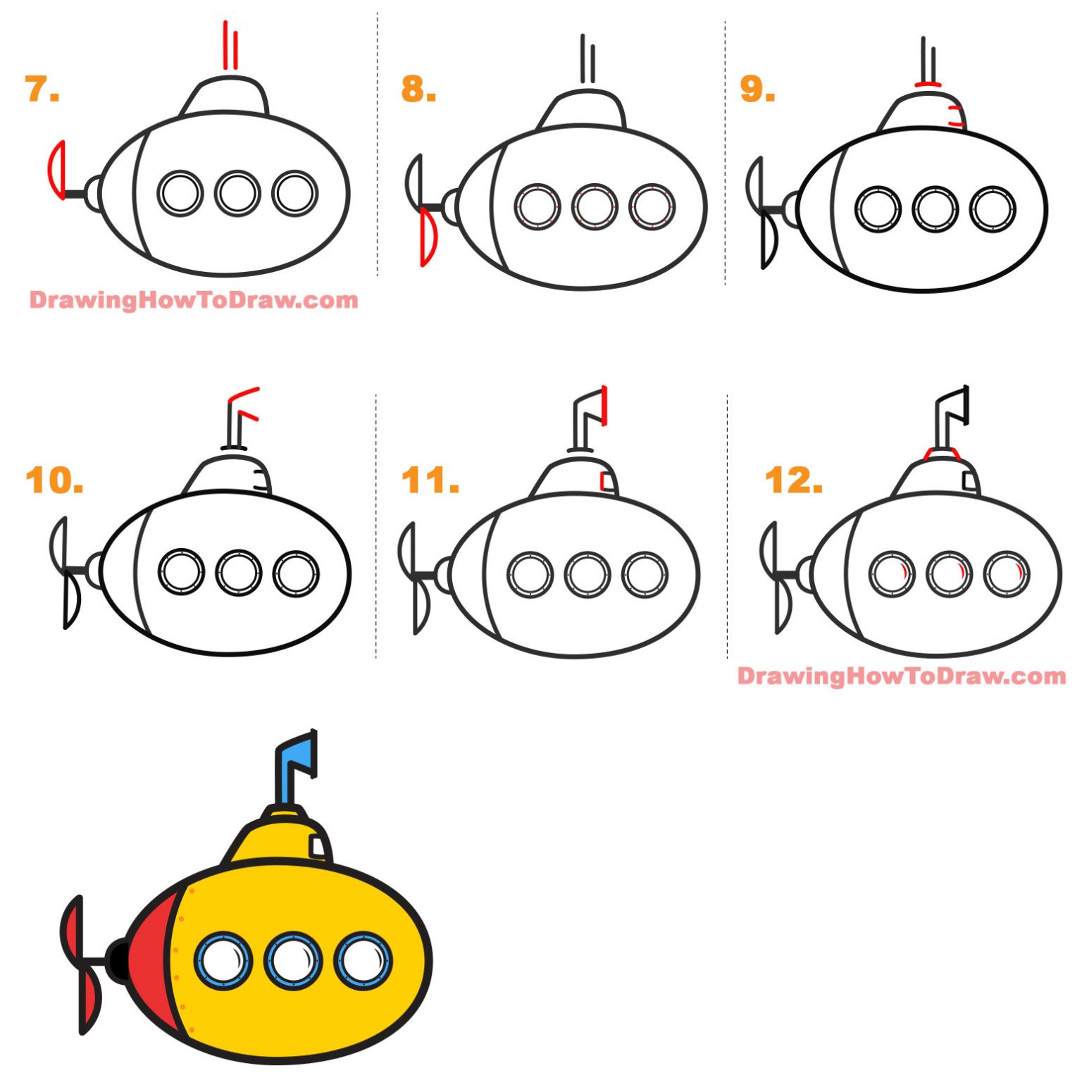 How to Draw a Cartoon Submarine Easy Step-by-Step Drawing Tutorial for ...