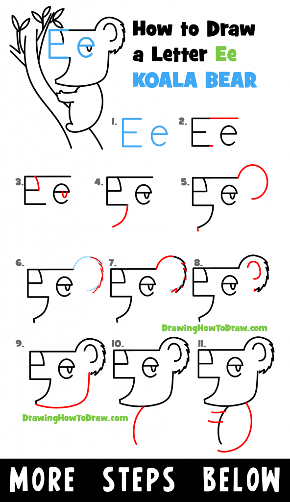 How to Draw a Cartoon Koala Bear from Letter Ee Shapes Easy Step-by ...