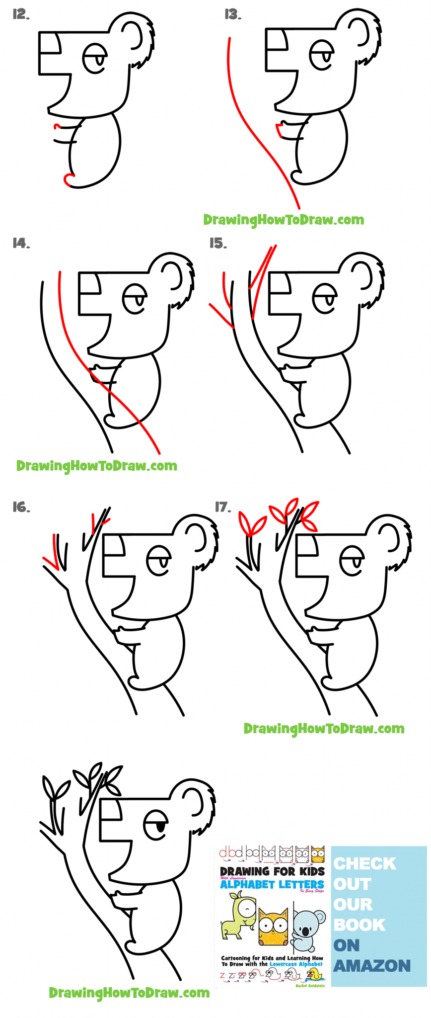 How to Draw a Cartoon Koala Bear from Letter Ee Shapes Easy Step-by ...