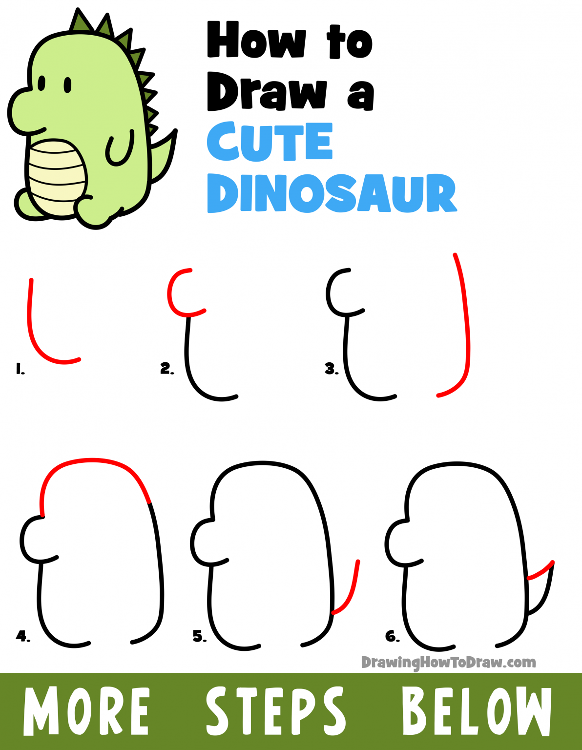 How to Draw a Cute Dinosaur (Kawaii / Chibi) Easy Step-by-Step Drawing Tutorial for Kids – How ...