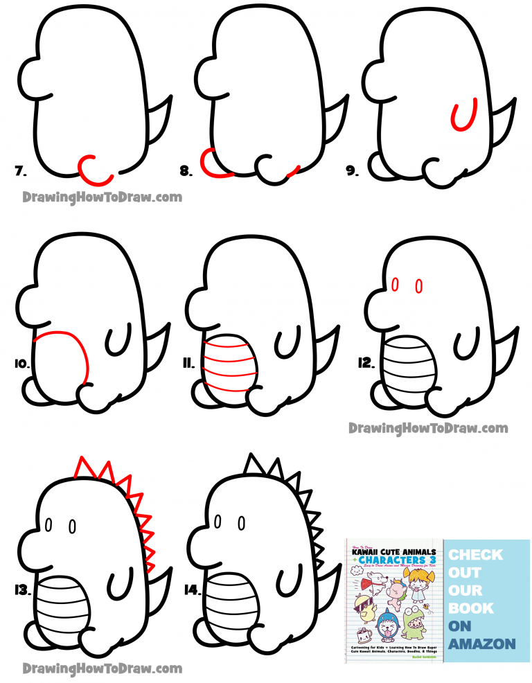 How to Draw a Cute Dinosaur (Kawaii / Chibi) Easy Step-by-Step Drawing Tutorial for Kids – How ...