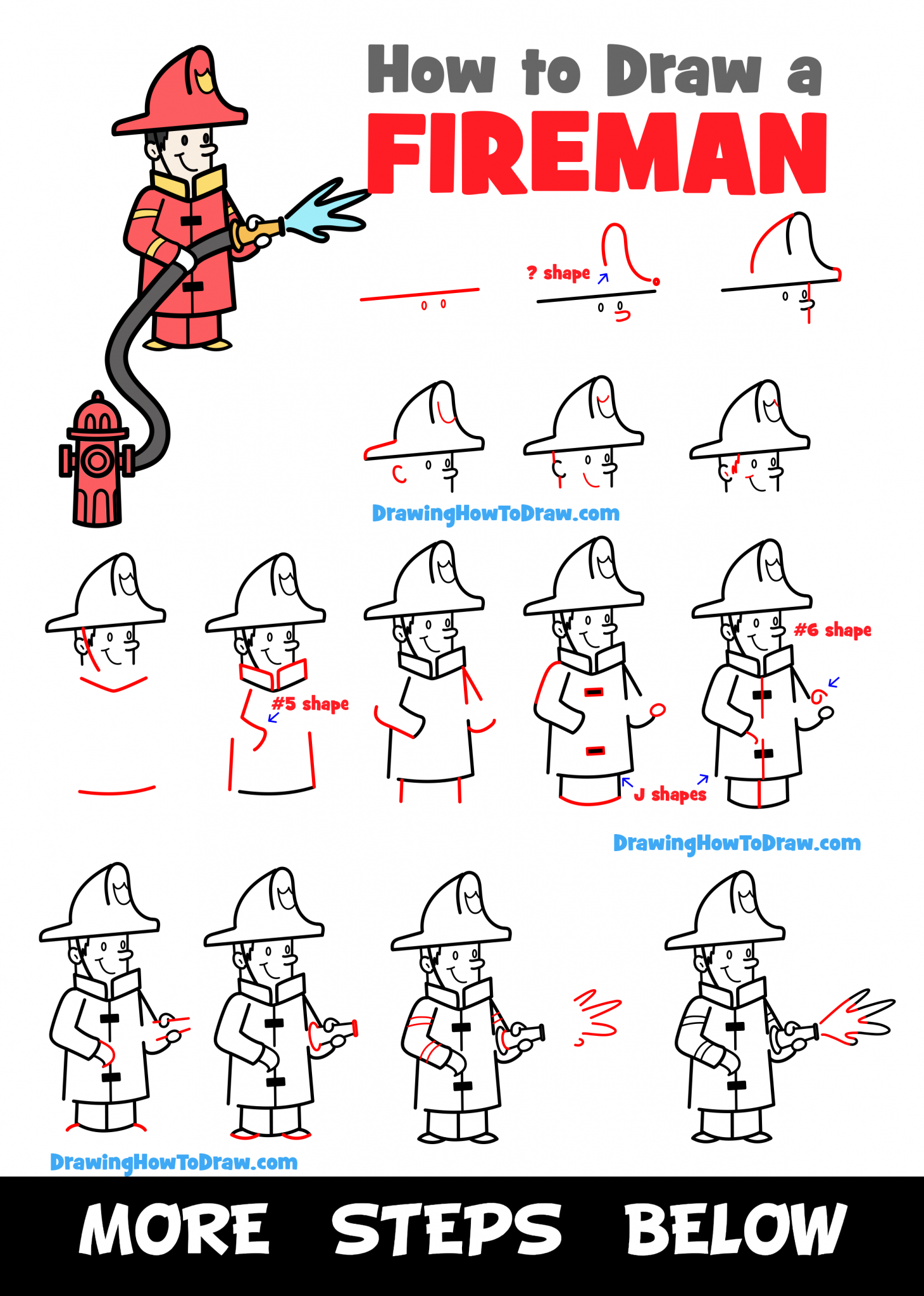 How to Draw a Cartoon Fireman & His Hose & Fire Hydrant – Easy Step-by ...
