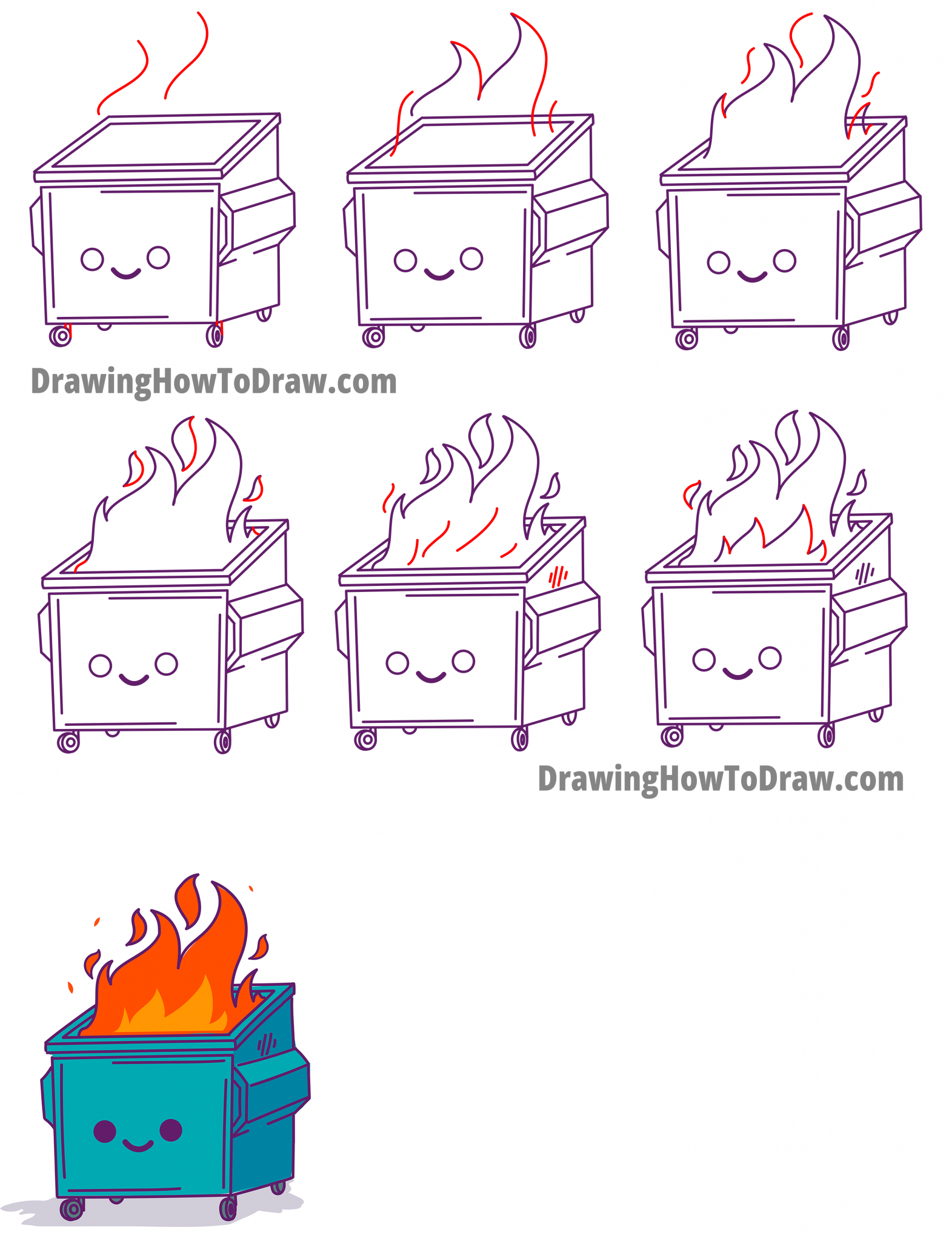 How To Draw a Cute Dumpster Fire Kawaii / Chibi Style Easy Step-by-Step ...