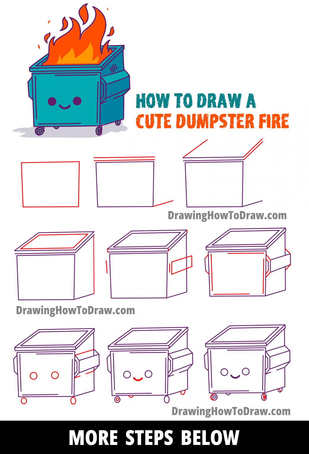 How To Draw a Cute Dumpster Fire Kawaii / Chibi Style Easy Step-by-Step ...