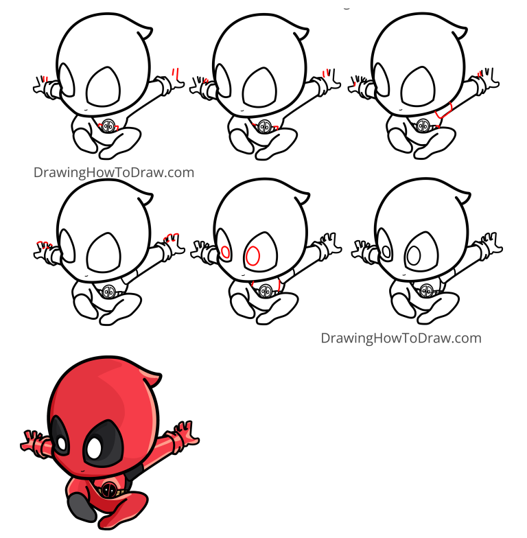 How to Draw Cute Cartoon / Chibi Deadpool in Action Easy Step by Step ...