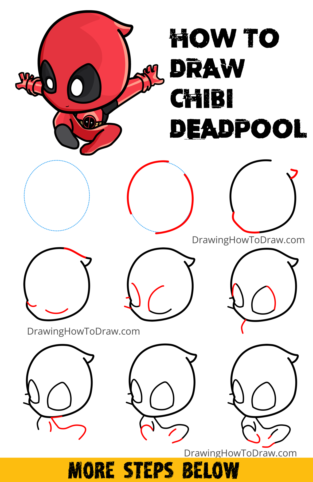 How to Draw Cute Cartoon / Chibi Deadpool in Action Easy Step by Step ...