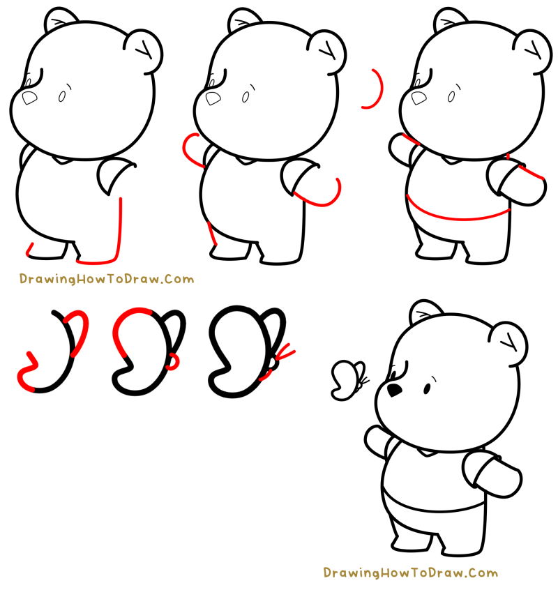 How To Draw Cute Kawaii Chibi Winnie The Pooh With Butterfly Easy Step ...