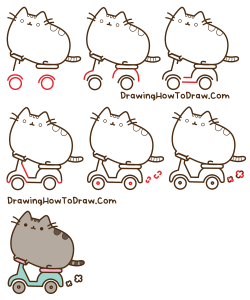 How to Draw Pusheen Cat on a Scooter Kawaii Cute Cat Easy Step-by-Step ...